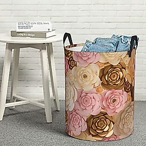 Pink White Gold Flowers Round Laundry Basket Toy Storage Basket, Storage Bin With Handle, Suitable For Bedroom, Toys, Boys, Girls, Toy Room
