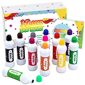 Nicecho Dot Markers Kit, 12 Colors Washable Fun Art Marker for Toddlers, Bingo Daubers for Preschool Children, Dab Paint Marker Set Coloring Supplies Including Activity Book