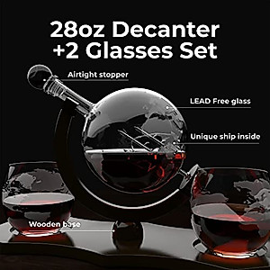 Chef's Star Whiskey Decanter Set for Men- Etched Globe Decanter Set with 2 Etched Globe Glasses, for Whiskey, Bourbon, 2 Globe Etched Glasses and Whiskey Stones, Liquor Gift Set, 850ml (28 oz)