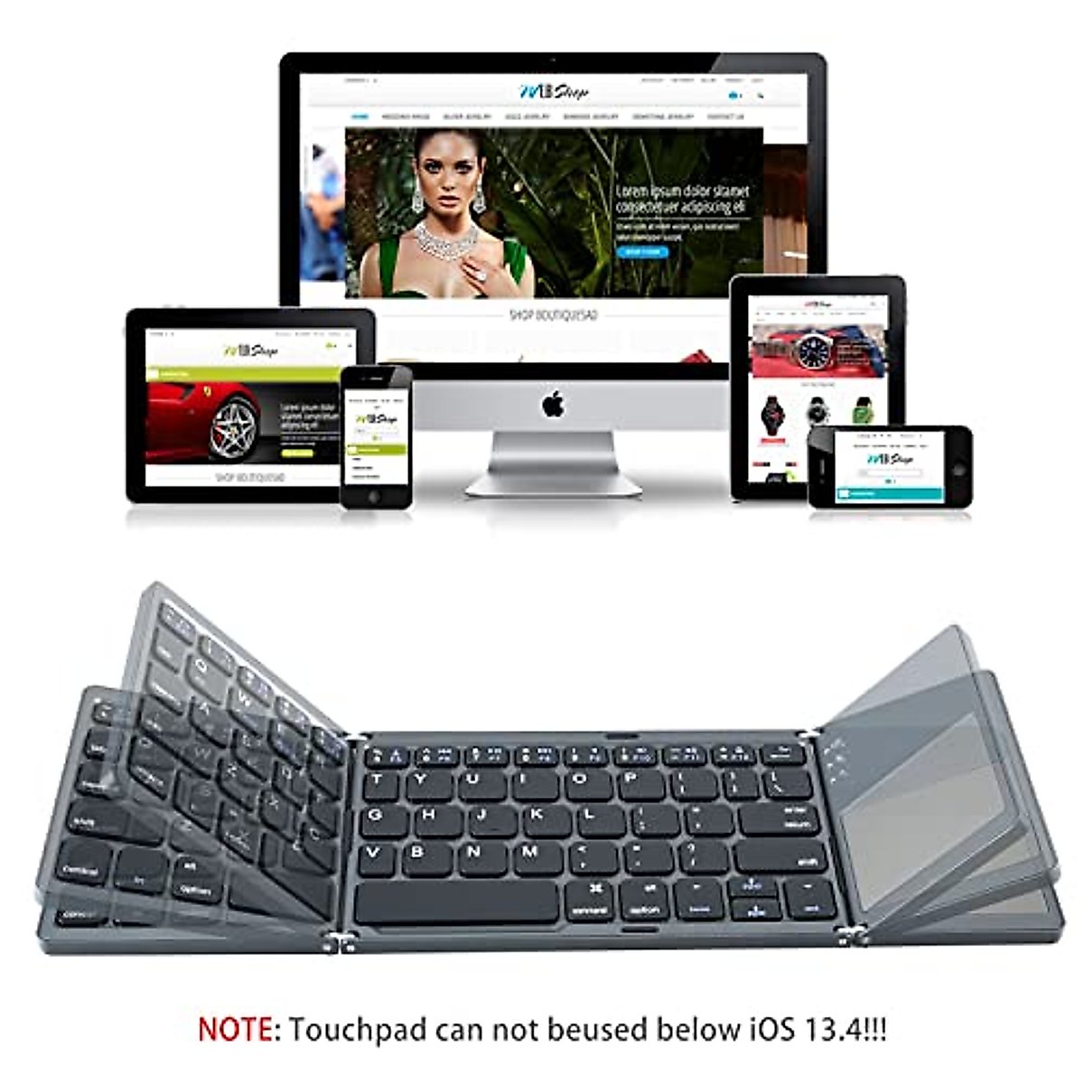 JPHTEK Foldable Bluetooth Keyboard with Touchpad, Portable Wireless Keyboards, Rechargeable Full Size Ultra Slim Pocket Folding Keyboards for Android Windows iOS Tablet & Laptop Gray