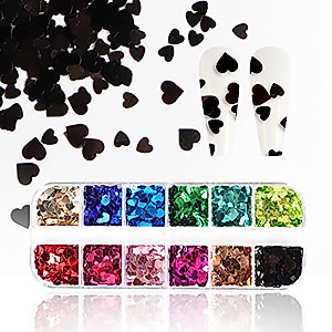 12 Grids 3D Heart Nail Glitter Sequins Holographic Laser Heart Nail Art Decals Love Nail Stickers Valentines Day Nail Glitter Flakes Red Silver Rose Gold Heart Glitter Design Nail Art Decoration