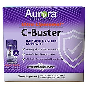 Aurora Nutrascience Ultra Liposomal C-Buster Immune System Support, Vitamin C, Vitamin D, Zinc, Elderberry, Pelargonium, Vitamin K & Ginseng, 30 Packets, 10 ML