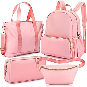 Kacctyen 4 Pieces School Backpacks Set Preppy School Book Bag Nylon Pouch Makeup Bag with Travel Tote Bag Solid Color Fanny Bag Back School Supplies for Student Teens Girls (Pink)