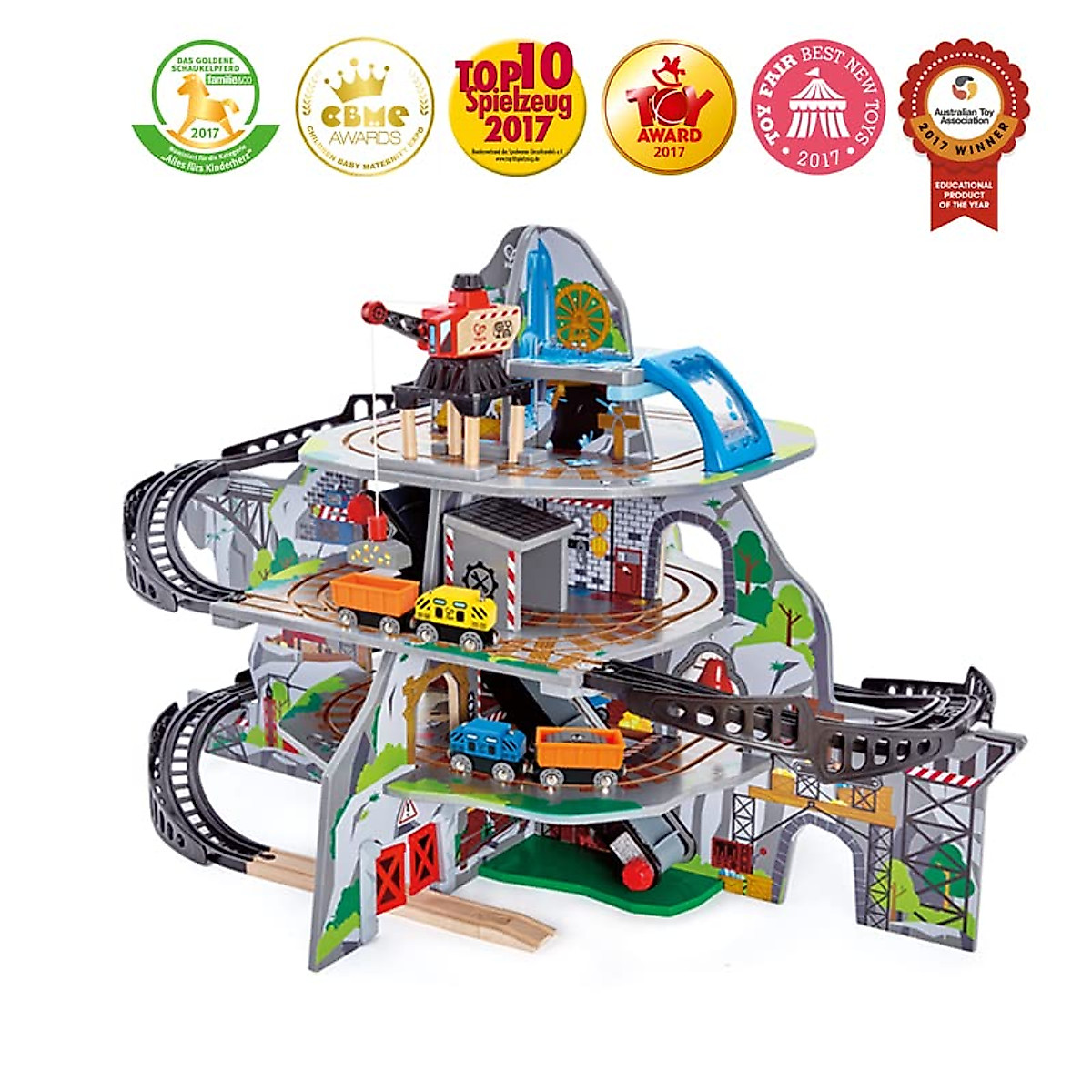 Hape Wooden Railway Mighty Mountain Mine Railway Playset| 4-Level Railway Train Track Playset with Crane and Magnetic Train Cars for Kids