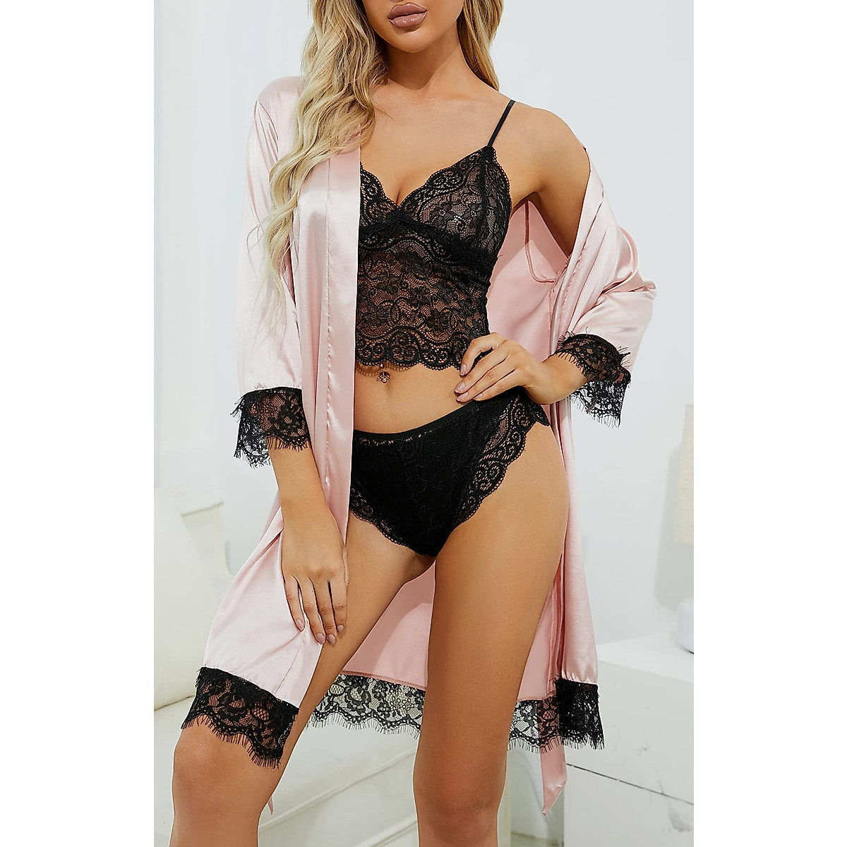LYANER Women's 4pcs Sleepwear Satin Floral Lace Trim Cami Pajama Set with Robe Solid Pink Medium