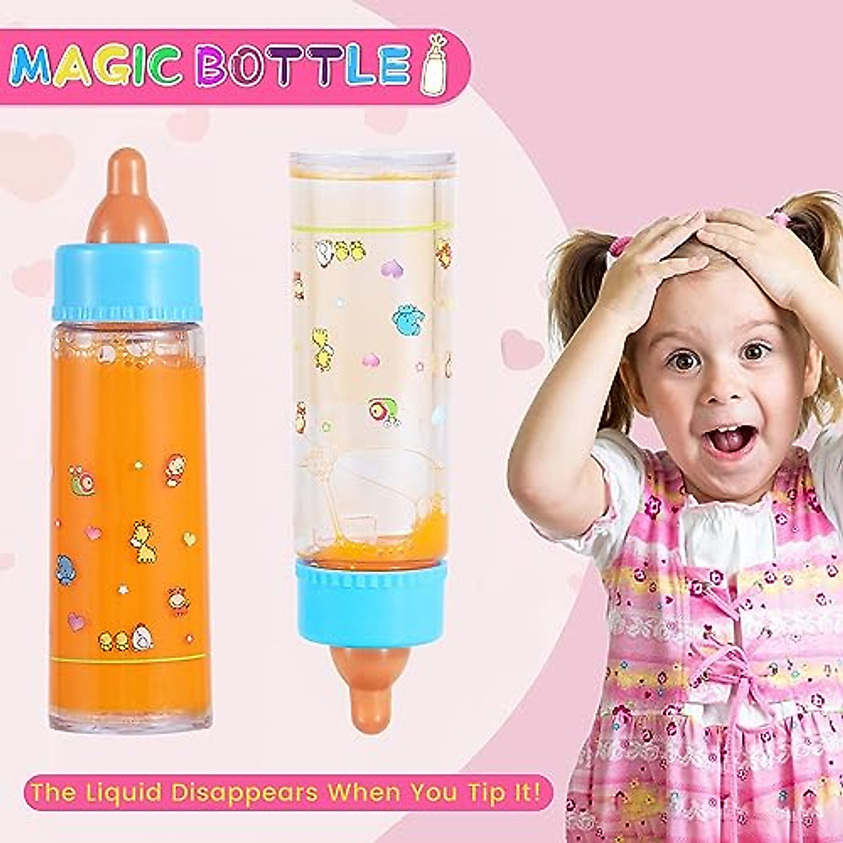 Kaydora Magic Disappearing Milk and Juice Bottles with Pacifiers for Baby Doll Accessories,6 Pieces Pretend Play Feeding Toy Set, 4 Bottles and 2 Pacifiers