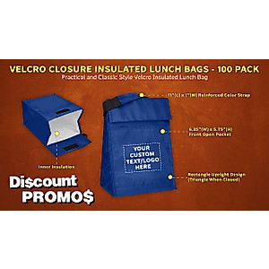DISCOUNT PROMOS 100 Hook and Loop Insulated Lunch Bags Set - Customizable Text, Logo - Polyester, Durable, Vibrant, Reusable - Blue