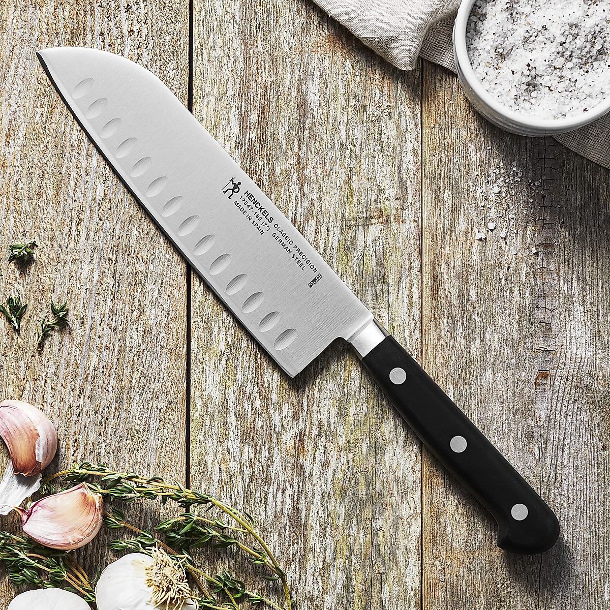 HENCKELS Classic Precision Razor-Sharp Hollow Edge Santoku Knife 7 Inch, German Engineered Informed by 100+ Years of Mastery