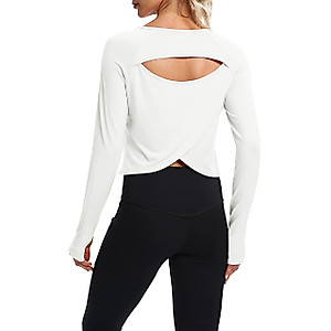 Bestisun Long Sleeve Open Back Workout Shirts Yoga Athletic Tops Gym Dance Fall Clothes for Women White M