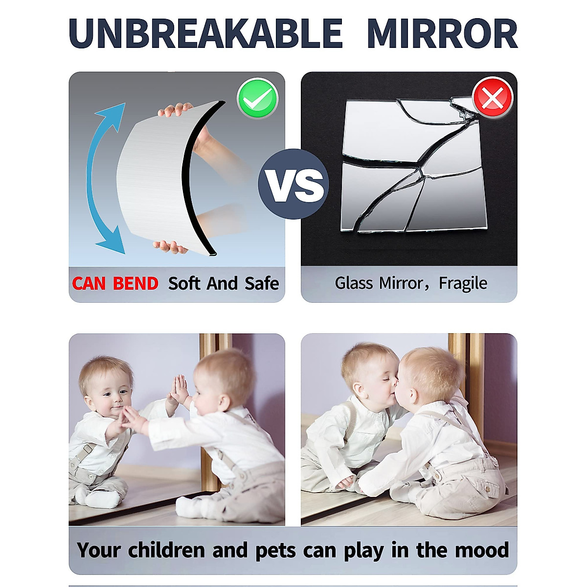 cyhqo Unbreakable Full Length Wall Mirror Cheap,Over The Door Mirror,48"x12" (4Pcs 12"x12"),Made of Shatterproof Plexiglass Acrylic,Long Mirrors for Bedroom Closet,Workout for Home Gym Body