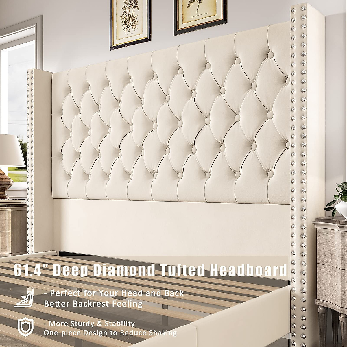 PaPaJet Queen Bed Frame 61.4" Tall Headboard Upholstered Velvet Platform Bed with Handmade Deep Button Tufted/No Box Spring Required/Cream