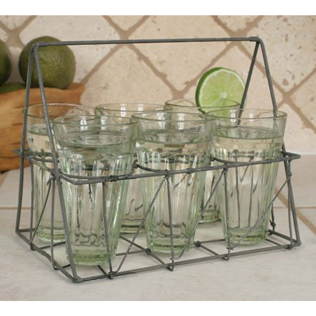 Rectangular Galvanized Wire Caddy with Six Glasses