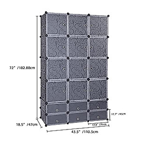 Cffuvros 18-Cube DIY Plastic Closet Cabinet, Storage Cube Organizer with Doors and Clothes Rod, Stackable Closet Shelf for Bedroom, Plastic Space Saver for Home, Living Room, Office