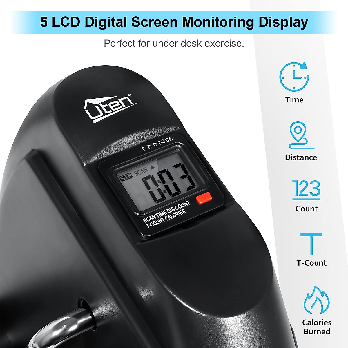 Uten Mini Exercise Bike, Under Desk Bike Pedal Exerciser, Under Desk Bike, Arm & Leg Peddler Machine with LCD Screen Displays, Portable Cycle (Cool Black)