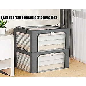 AARAINBOW Closet Clothes Organizer 3 Pcs, Stackable Storage Bins Steel Frame Storage Boxes with Lids Foldable Storage Container with Clear Window & Reinforced Handles, 24L (Gray green pink)