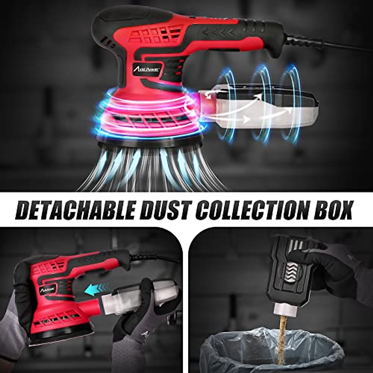 AVID POWER Orbital Sander 5 Inch 2.8 A Random Orbit Sander for Woodworking 13,000 RPM Electric Wood Sander Tools, 6 Variable Speeds, 12 Pcs Sandpapers