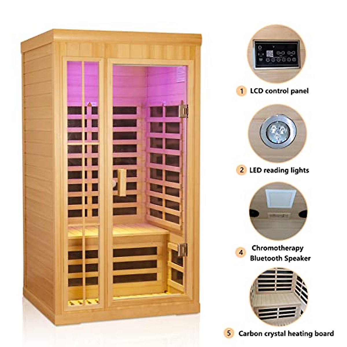 Kanlanth 1 to 2 Person Infrared Sauna, Hemlock Wood Low EMF FAR Infrared Sauna for Home, 1,350watt, Indoor Saunas with Bluetooth, LCD, LED