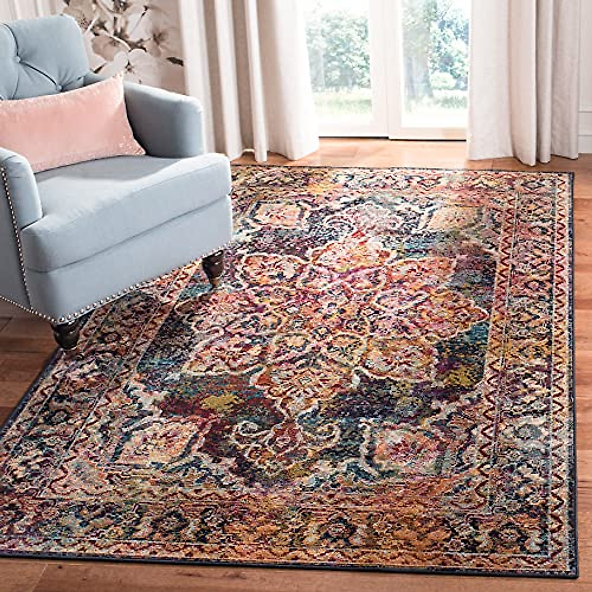 SAFAVIEH Crystal Collection Area Rug - 8' x 10', Navy & Light Blue, Medallion Distressed Design, Non-Shedding & Easy Care, Ideal for High Traffic Areas in Living Room, Bedroom (CRS513H)