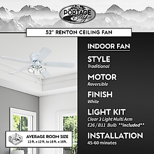 Portage Bay Ceiling 52" Renton White Indoor Fan with Clear 3 Light LED Multi Arm E26/B11 Bulb and Pull-Chains, Traditional Style, 5 Reversible Gray Oak Blades, 51441, 52 Inch
