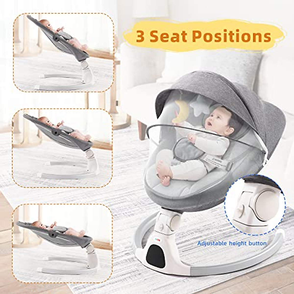 Baby Swings for Infants, Electric Portable Baby Swing for Newborn Baby, Bluetooth Touch Screen/Remote Control Timing Function 5 Swing Speeds 3 Seat Positions Baby Bouncer for Boy Girl Gray