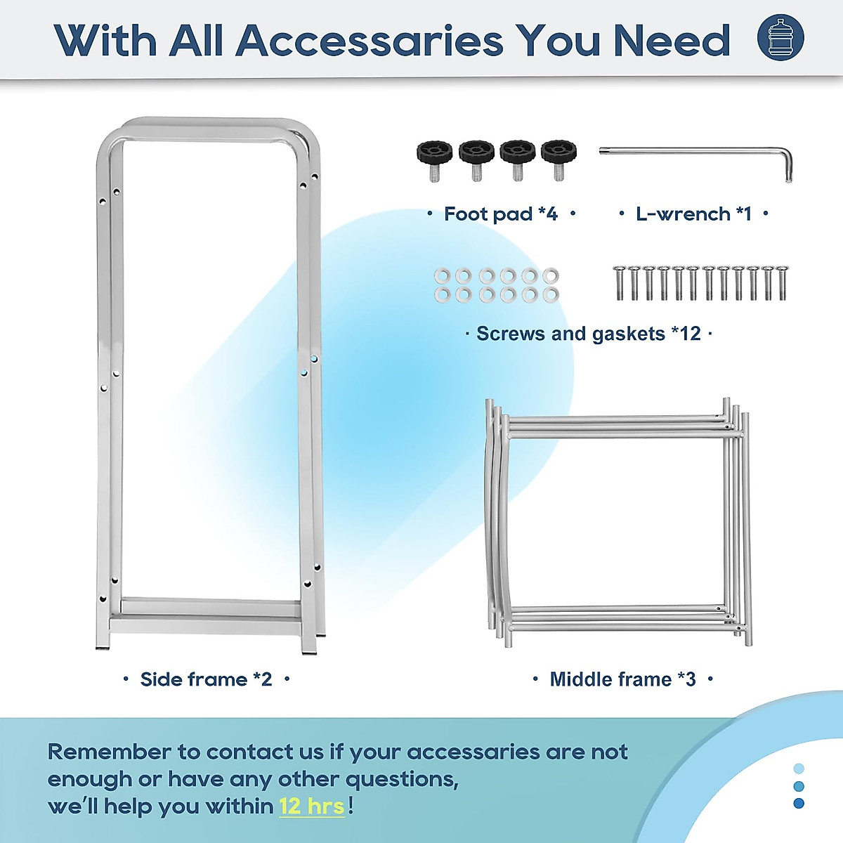 Iococee 5 Gallon Water Jug Stand, 5 gallon water jug holder, With guardrail to prevent falling, 5 gallon water jug rack for 3 Bottles (3-tiers Silver) for Home, Office Organization