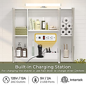 Bathroom Medicine Cabinet with Mirror and Lights 27.6x24 Inch Wall Mounted Mirror Cabinet with Charging Station & Adjustable Storage Shelves Medicine Cabinets Mirror with 3 Doors for bathroom,White
