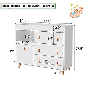 DAWNSPACES Baby Changing Table Dresser for Nursery, Infants Dresser Chest with 4 Drawers, Shelf, Storage Diaper Changing Station for Daycare, White