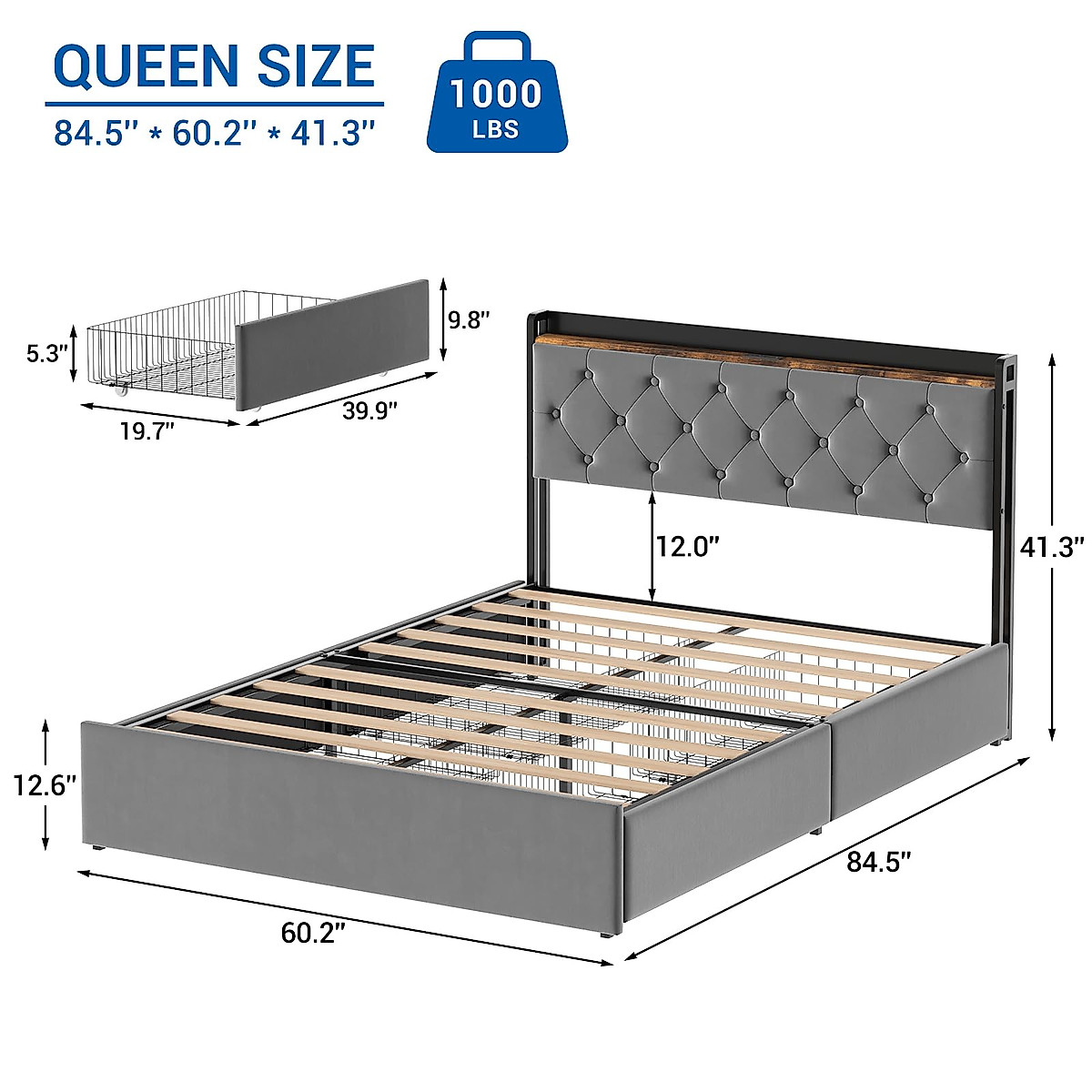 IDEALHOUSE Velvet Upholstered Queen Size Platform Bed Frame with 4 Storage Drawers, Storage Headboard with Charging Station, Mattress Foundation with Wooden Slats Support,No Box Spring Needed, Gray