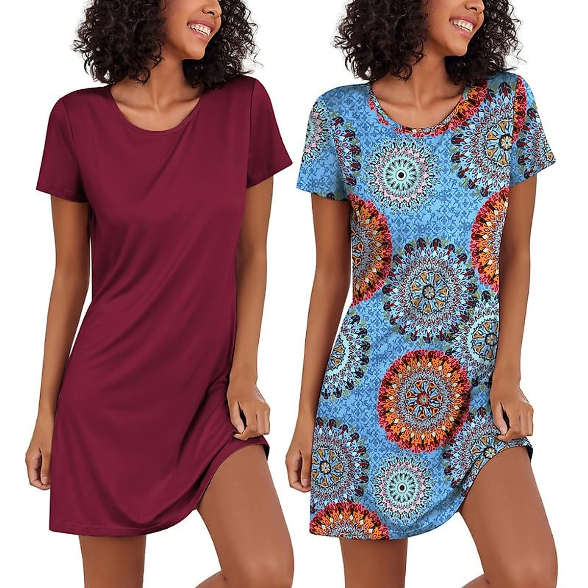 Ekouaer 2 Pack Nightgowns for Women Sleapwear Short Sleeve Night Shirts Soft Sleep Dress Classic NightDress (Blue Boho+Maroon, Small)