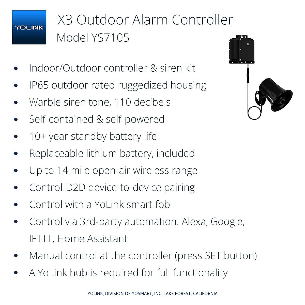 YoLink X3 Version Outdoor Alarm Controller, Ruggedized Battery-Powered Siren/Alarm/Relay Controller, Up to 1/4 Mile Range, 110dB Siren, Alexa, Google, IFTTT, Hub Required for Full-Functionality!
