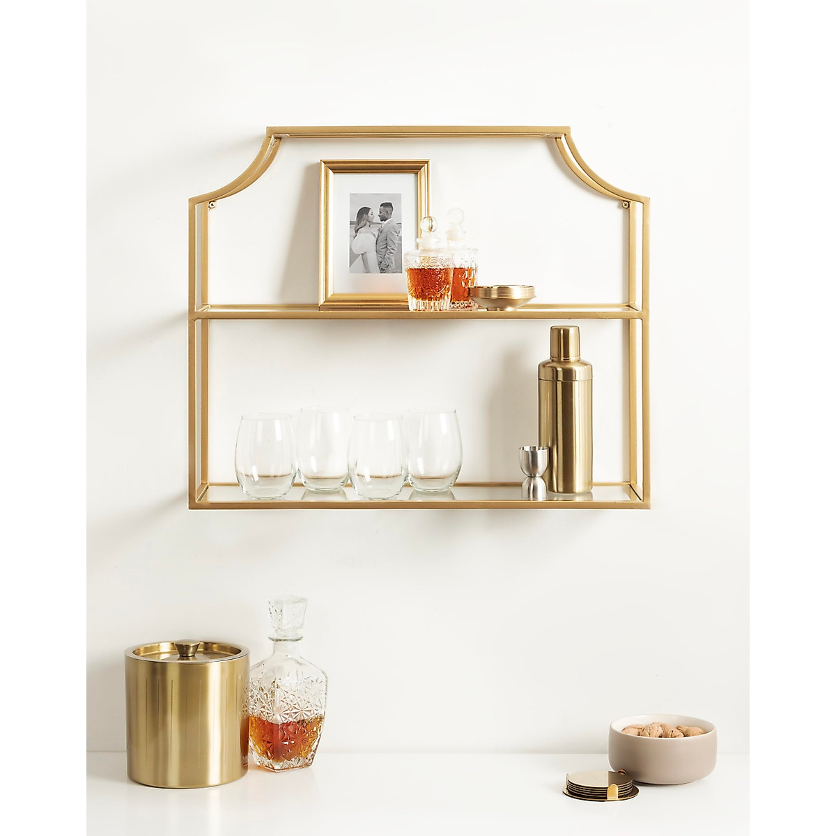 Kate and Laurel Ciel Modern Glam Wide Two-Tier Wall Shelf, 24 x 20, Gold, Tiered Bathroom Shelves for Over The Toilet Storage or Bedroom Makeup Organizer