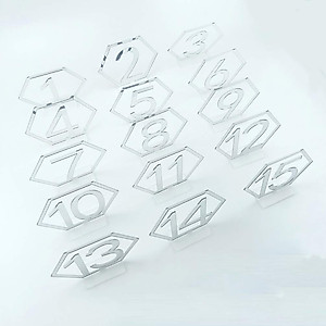 TENDYCOCO 15pcs Wedding 1 to 15 Table Numbers Hexagonal Shaped Acrylic Numbers Dining Table Guide Cards Silver Number Signs Decoration for Banquet Catering Hotel