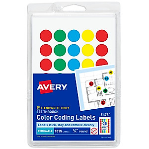 Avery See-Through Removable Color Dots, 0.75-Inch Diameter, Assorted Colors, 1015 per Pack (05473)