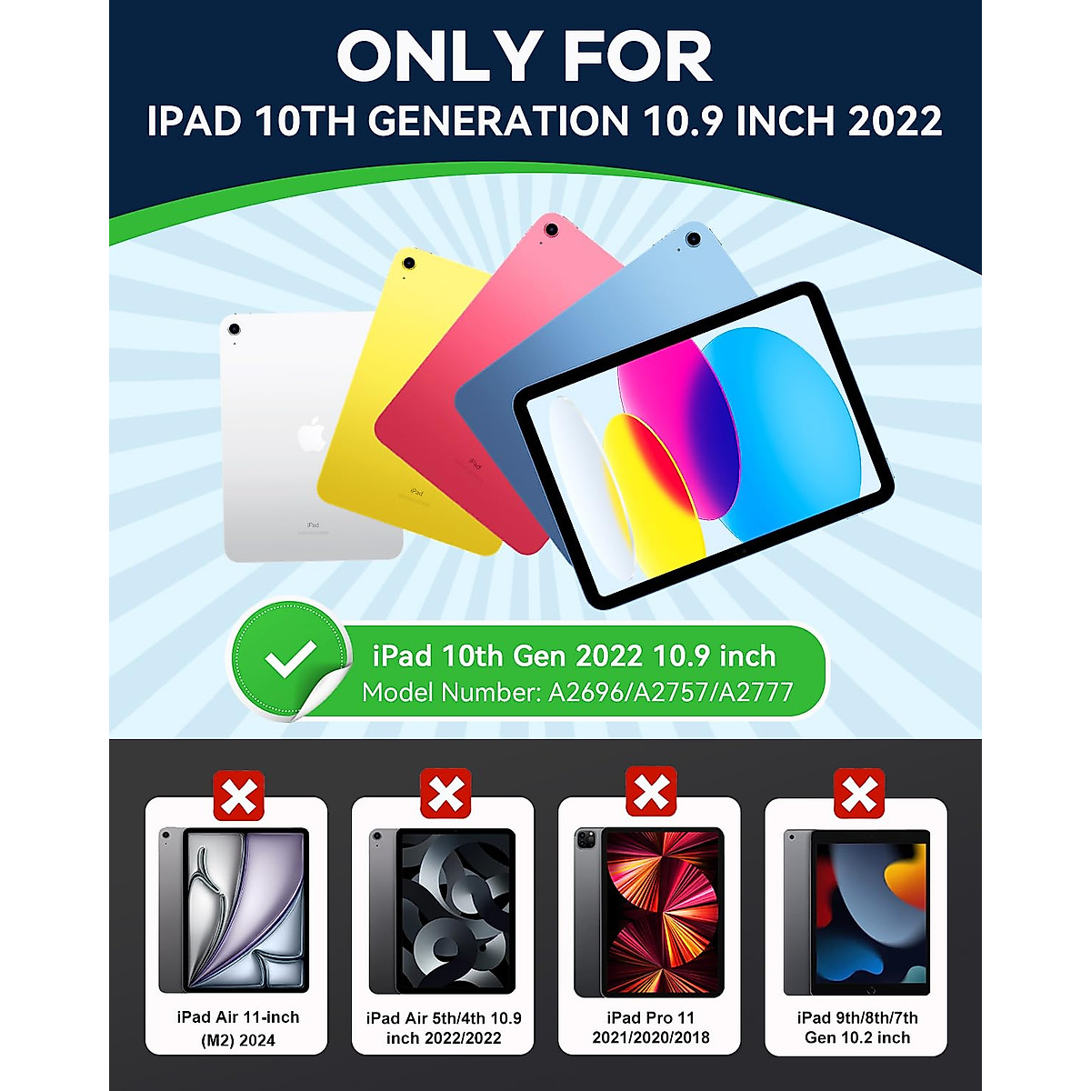 Cantis Case for iPad 10th Generation 10.9 inch 2022 with Screen Protector, iPad Cover 10th Generation with 360 Degree Rotating Stand/Shoulder Strap/Pencil Holder, Navy Only