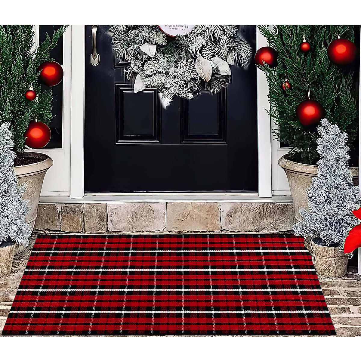 Christmas Outdoor Rugs 24 x 51''Black Red Buffalo Plaid Front Porch Rug Hand-Woven Machine Washable Indoor/Outdoor Layered Door Mats for Entryway/Bedroom/Outdoor