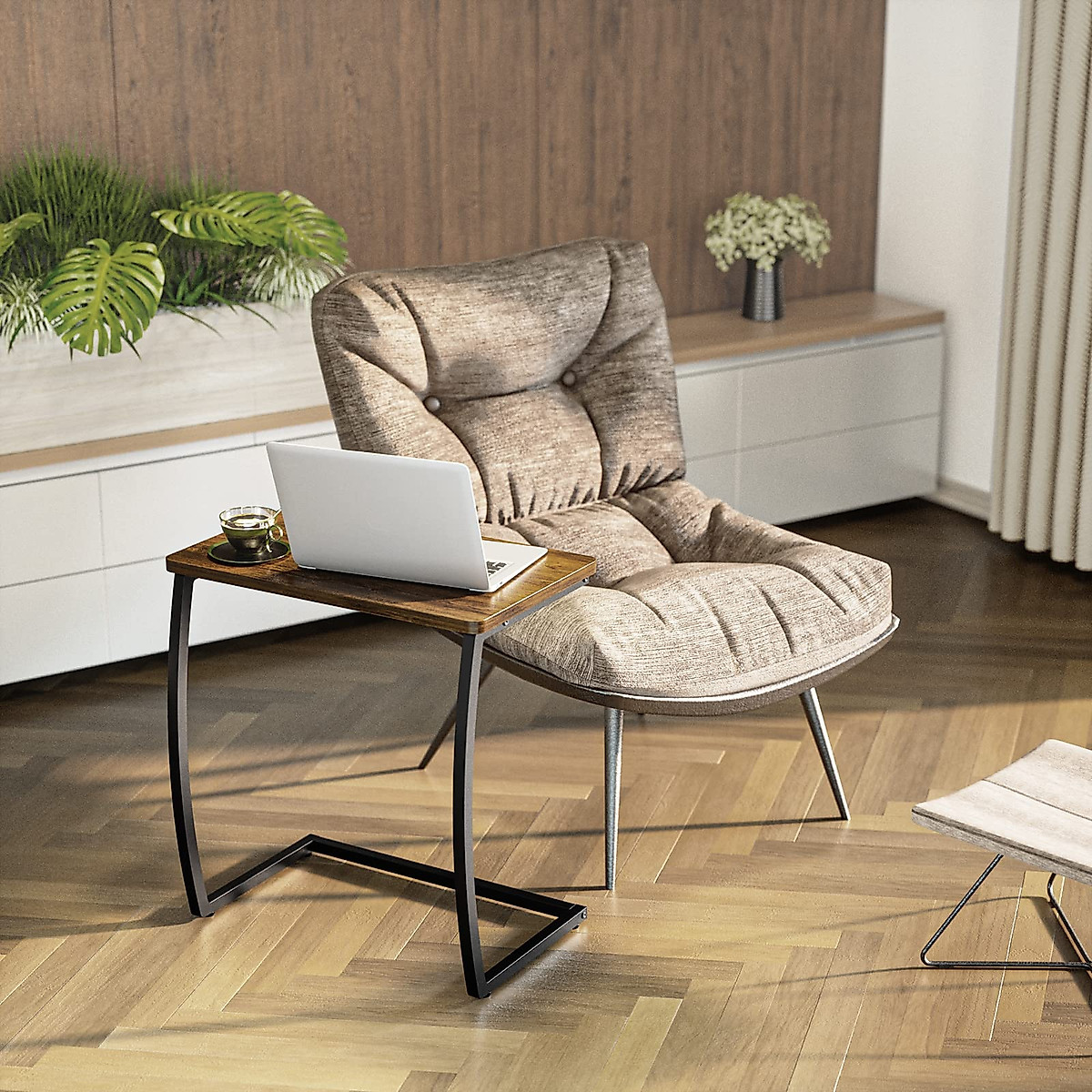 SRIWATANA Side Table, End table, Vintage C-shaped Couch Table for Sofa Laptop Coffee Snack, Walnut