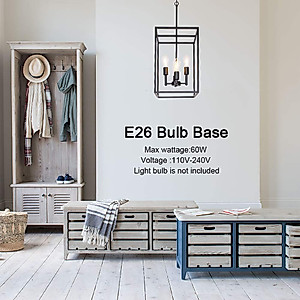 VINLUZ 4 Light Large Industrial Metal Farmhouse Pendant Light Black Square Wide Cage Chandelier with Painted Finish for Dining Room Foyer Living Room Cafe Bar