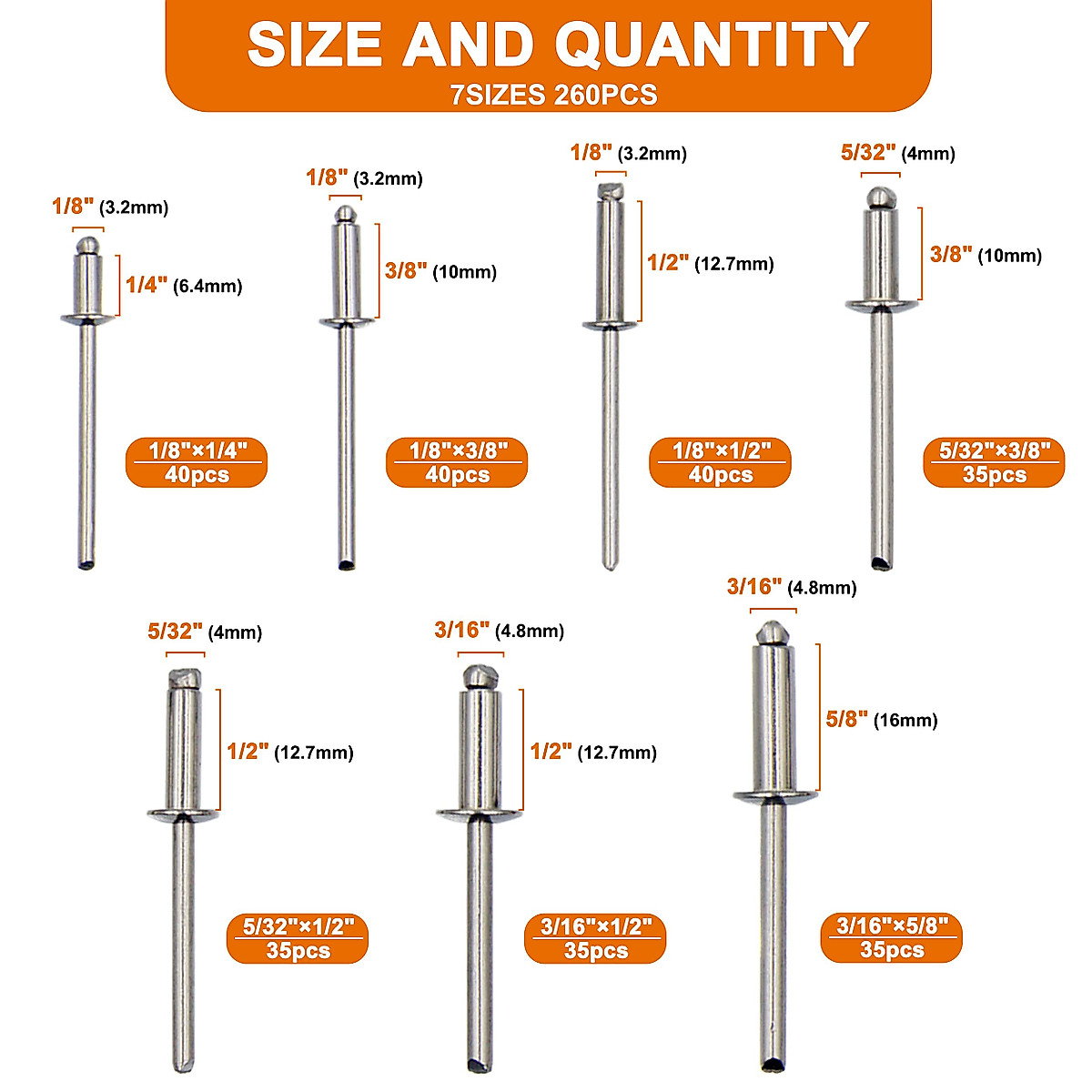 ISPINNER 260pcs Stainless Steel Blind Rivets, 7 Sizes Pop Rivets Assortment Kit