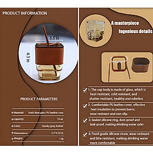 YULUDZSW Thick Wall Insulated Glass Cups With Lids Leather Case And Straws, Coffee Cup, Iced Tea Cup, For Beer, Cocktail, Coffee,Milk, Fruit And Vegetable Drinks, Etc.(Amber/16 oz)