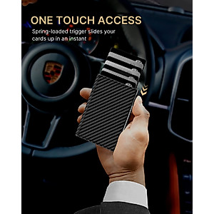 typecase Mens Wallet Card Holder: Pop Up Aluminum Case, Genuine Leather, Smart, RFID Blocking, Slim, Minimalist, Front Pocket - 9-14 Card Capacity | ID Window | Cash Slot (Carbon Fiber)