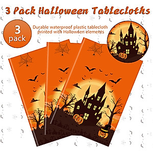 Kesfey 3 Packs Orange Halloween Tablecloth 54 x 108 Inches Scary Castle Ghost Pumpkin Table Cloth Disposable Waterproof Plastic Bat Spider Web Table Cover Trick or Treat for Halloween Party Dining