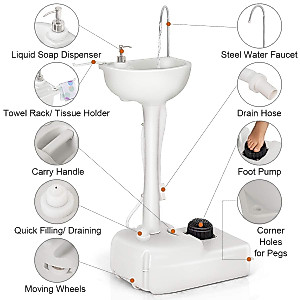S AFSTAR Portable Camping Sink, Hand Wash Basin Stand w/ 17L Water Tank & Soap Dispenser, Rolling Hand Washing Station w/Towel Holder & Foot Pump, for Garden, Outdoor Sink Hand Wash Station