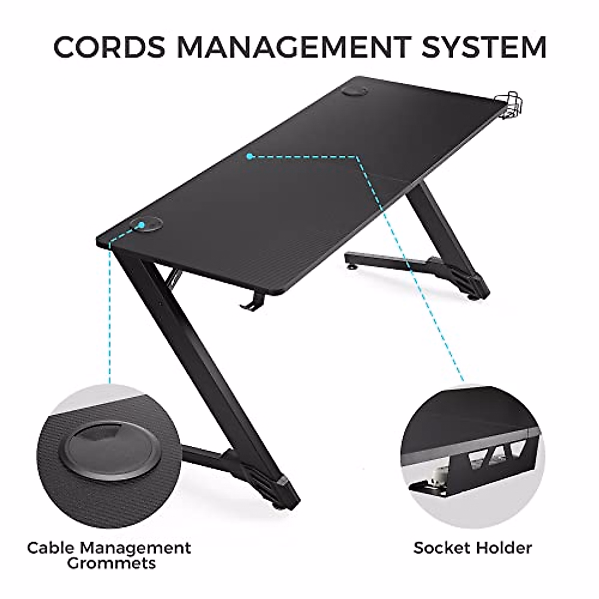 Eureka Ergonomic Gaming Desk 60 inch, Z-Shaped Carbon Fiber Surface Desktop Home Office PC Computer Desk with Mouse Pad, Ergonomic Large Gamer Table with Cup Holder and Headphone Hook for Gaming Room