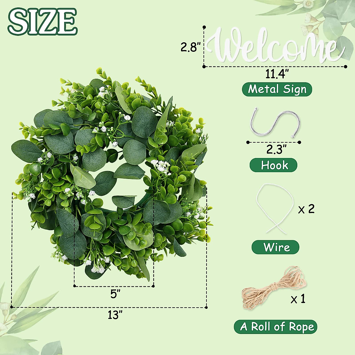 Artificial Eucalyptus Wreath with Welcome Metal Sign for Front Door 13" Faux Green Leaf Hanging Decor Farmhouse Porch Patio Garden Wedding Party Celebration Wall Home Table St Patricks Day Decoration