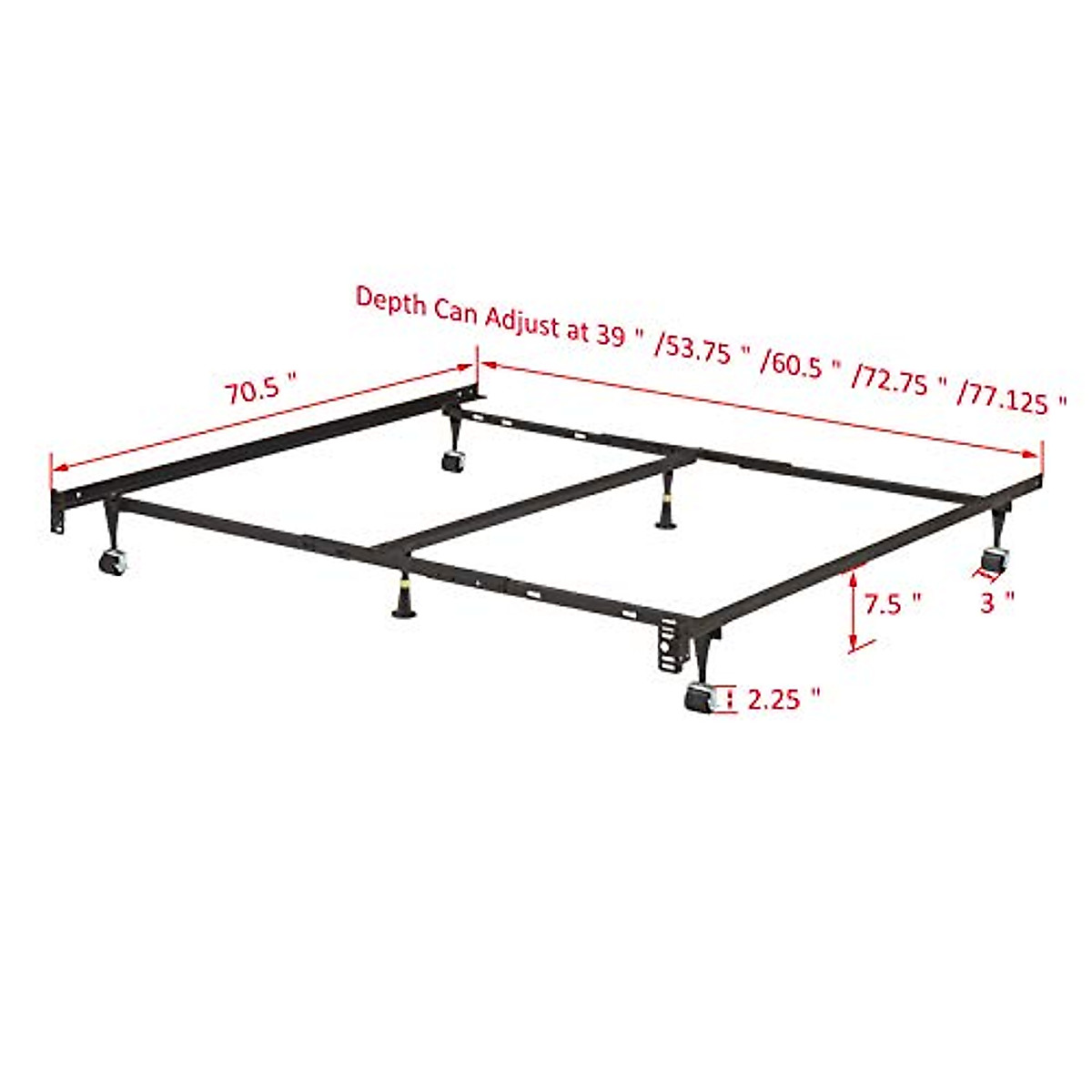 Heavy Duty 6-Leg Adjustable Universal Twin/Full/Queen/King Metal Bed Frame with Double Center Support Rug Rollers & Locking Wheels