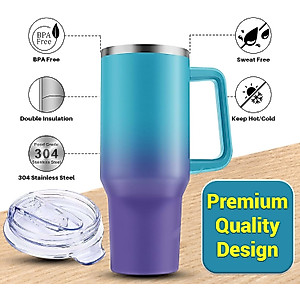 RAHATBEE 40 oz Tumbler with Handle and Straw Lid, 100% Leak-Proof Travel Coffee Mug, Reusable Stainless Steel Insulated Cup for Beverages, Keeps Cold for 34Hrs or Hot for 12Hrs (Blue-Purple)