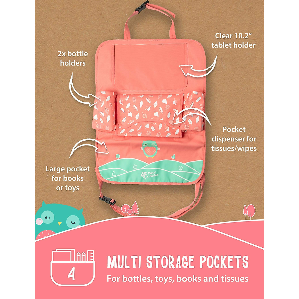 Planet Buddies Car Seat Organizer Kids, Car Accessories for Kids Storage with Tablet Holder up to 10.2 Inch, Car Organiser for Toys, Tablets, Bottles and Tissue Box Holder, Pink Owl