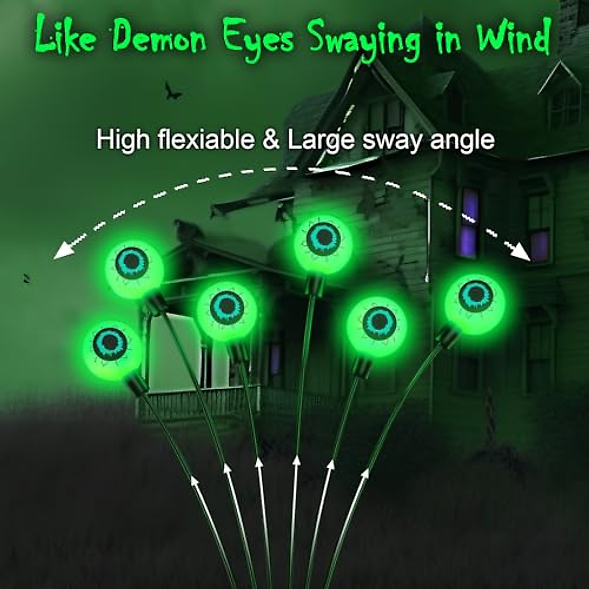 Halloween Decorations Outdoor Solar Lights, 2PACKS 12LED Green Eyeball Swaying Firefly Lights, Waterproof Solar Halloween Pathway Lights for Yard, Garden, Lawn, Lawn, Party