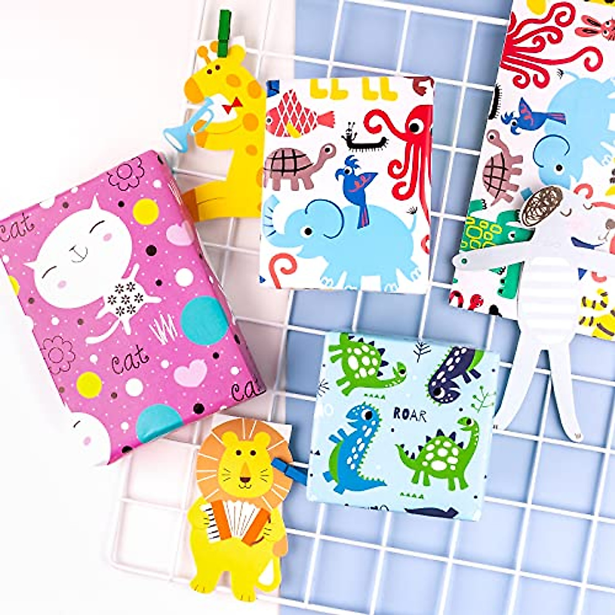 BIOBROWN Blue Wrapping Paper Sheet Folded Flat 6 Different Adorable Animal Design (45.2 sq ft.TTL) 27.5 inch X 39.4 inch Per Sheet