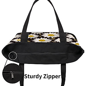 AUUXVA Flower Daisy Music Notes Pattern Canvas Tote Bags Zipper Closure Large Teacher Tote Women Handbag Tote Purse Shoulder Bag with Inner Pockets for Office, Travel